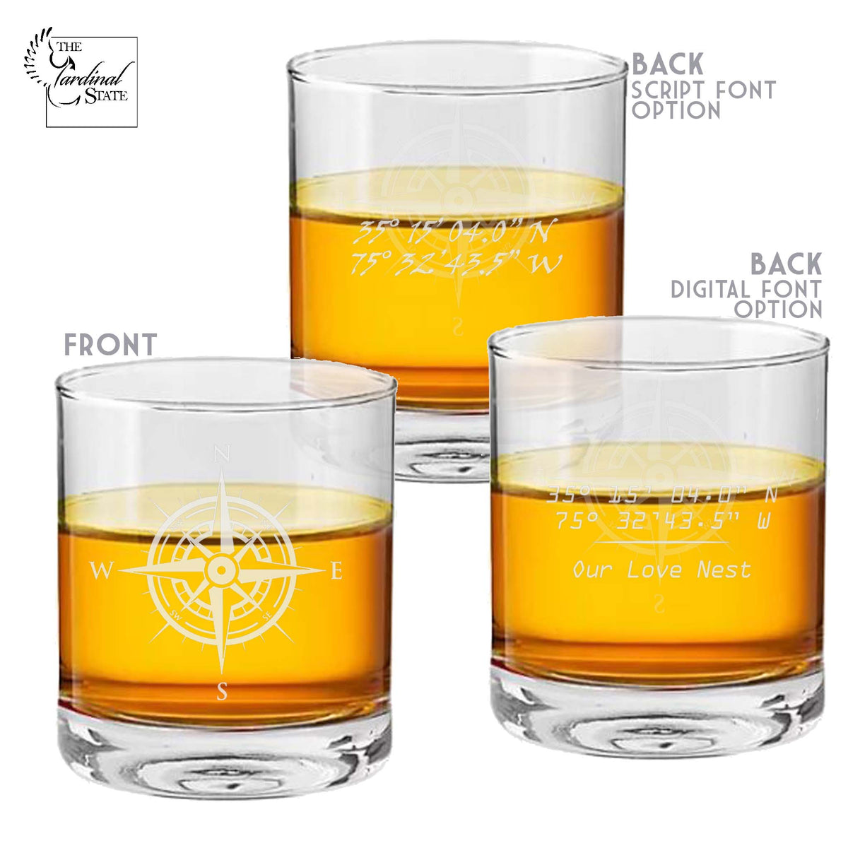 GPS Coordinate Whiskey Glass With Compass – The Cardinal State