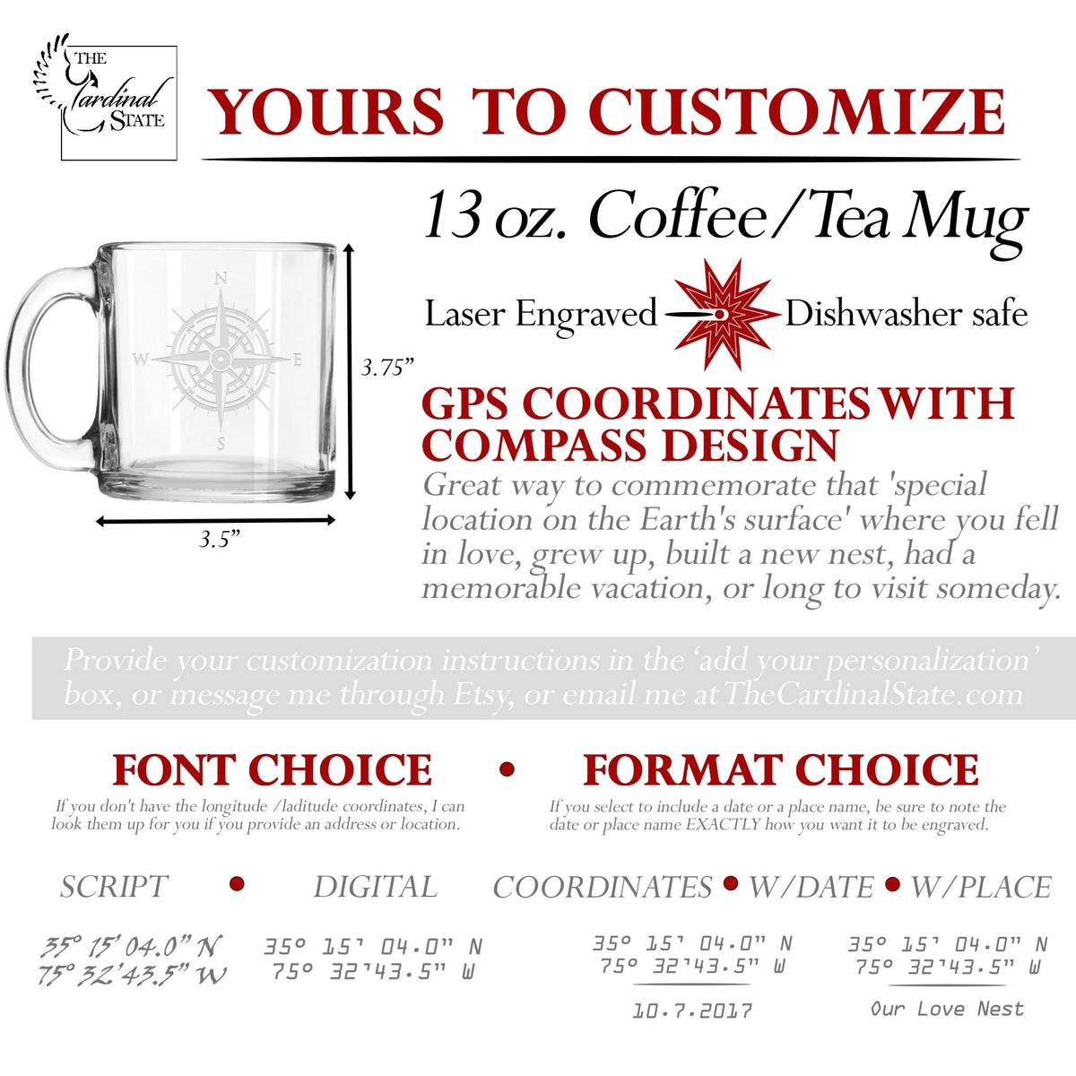 GPS Coordinate Coffee Mug Glass With Compass – The Cardinal State